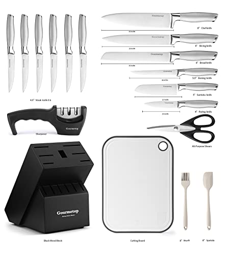 Gourmetop Knife Sets for Kitchen with Block, Stainless Steel Chef Knife Set with Sharpener & Cutting Board, Kitchen Knives Sharp Knife Block Set with Accessories for Cooking, Dishwasher Safe