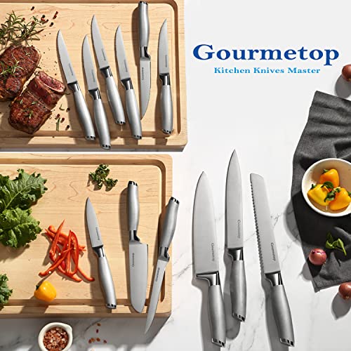 Gourmetop Knife Sets for Kitchen with Block, Stainless Steel Chef Knife Set with Sharpener & Cutting Board, Kitchen Knives Sharp Knife Block Set with Accessories for Cooking, Dishwasher Safe