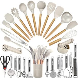 kitchen utensils set- 35 pcs cooking utensils with grater,tongs, spoon spatula &turner made of heat resistant food grade silicone and wooden handles kitchen gadgets tools set for nonstick cookware