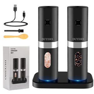 rechargeable electric salt and pepper grinder set with double charging base, support battery operated, refillable spice automatic mill shakers set with adjustable coarseness & led light