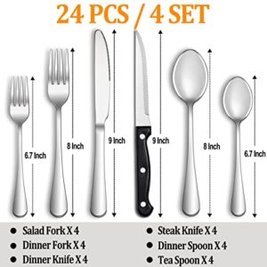 24 Pcs Silverware Set with Steak Knives Service for 4,Stainless Steel Flatware Set,Mirror Polished Cutlery Utensil Set,Home Kitchen Eating Tableware Set,Include Fork Knife Spoon Set,Dishwasher Safe