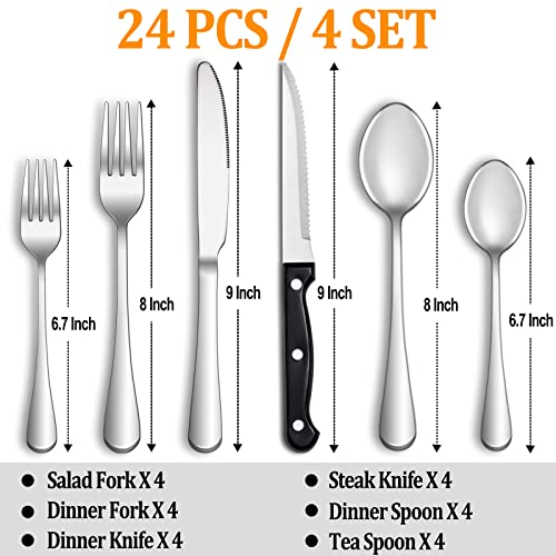 24 Pcs Silverware Set with Steak Knives Service for 4,Stainless Steel Flatware Set,Mirror Polished Cutlery Utensil Set,Home Kitchen Eating Tableware Set,Include Fork Knife Spoon Set,Dishwasher Safe