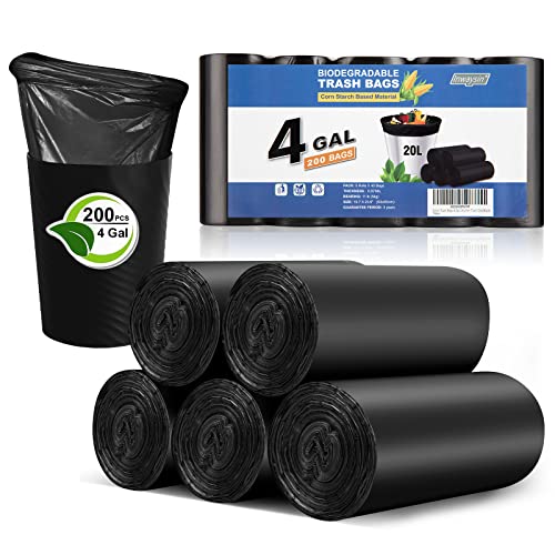 Small Trash Bags 3-5 Gallon, Inwaysin 200 Count Small Bathroom Trash Bags Black, Strong Small Garbage Bags 4 Gallon Biodegradable, Unscented, Size Expanded for Bathroom Kitchen