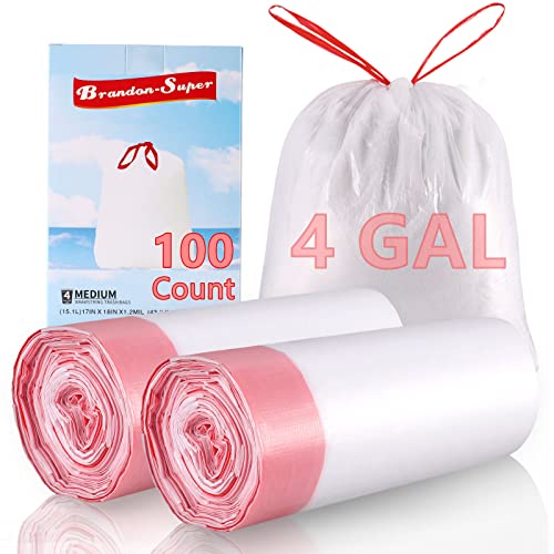 Small Trash Bag 4 Gallon Drawstring Garbage Bags 100 Count Thickened Design Stretchy. Disposable Bags 2-4 Gallon Bathroom kitchen Trash Bags White 100 Count