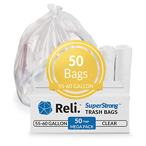 Reli. SuperValue 55 Gal Trash Bags | 50 Count | Made in USA | Clear Trash Bags Heavy Duty | 55 Gallon - 60 Gallon - 55 Gal Garbage Bag | Large Trash Bags 55-60 Gal| Clear, White