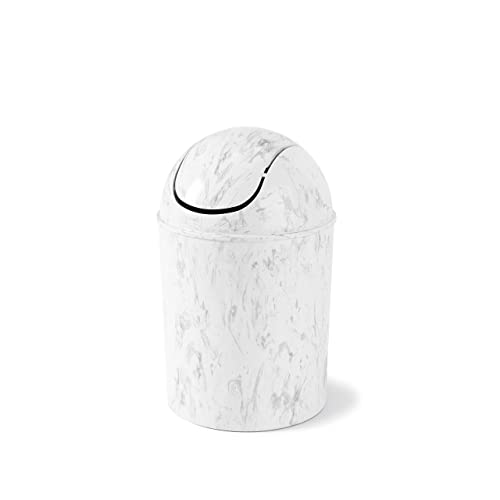 Umbra 1.25-Gallon Mini Waste Can w/ Swing-Top Lid - Small Garbage Bin for Compact Spaces Under Tables & Counters, Miniature Trashcan, Removable Lid for Kitchens Bathrooms Bedrooms Dorms, White Marble