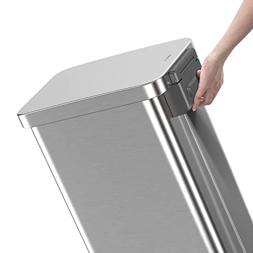 QUALIAZERO 50L/13Gal Heavy Duty Hands-Free Stainless Steel Commercial/Kitchen Step Trash Can, Fingerprint-Resistant Soft Close Lid Trashcan, Slim Shape (50L Slim) (QAMZZ10044)