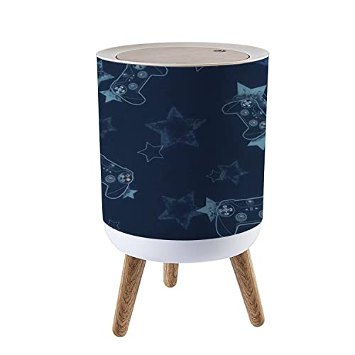 Trash Can with Lid Gamepad Seamless with Joystick Sign and Grunge Stars Game Repeats Wood Small Garbage Bin Waste Bin for Kitchen Bathroom Bedroom Press Cover Wastebasket 7L/1.8 Gallon