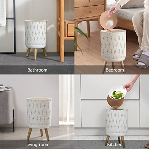 Small Trash Can with Lid Seamless Folk Flower Banner Gender Neutral Baby Border Simple Wood Legs Press Cover Garbage Bin Round Waste Bin Wastebasket for Kitchen Bathroom Office 7L/1.8 Gallon