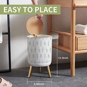 Small Trash Can with Lid Seamless Folk Flower Banner Gender Neutral Baby Border Simple Wood Legs Press Cover Garbage Bin Round Waste Bin Wastebasket for Kitchen Bathroom Office 7L/1.8 Gallon