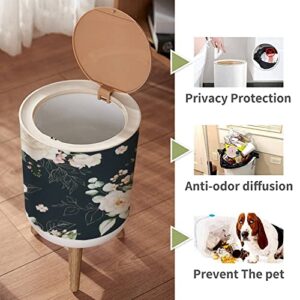 IBPNKFAZ89 Small Trash Can with Lid Seamless Watercolor Floral Pink Flowers Gold Elements Green Leaves Garbage Bin Wood Waste Bin Press Cover Round Wastebasket for Bathroom Bedroom Office Kitchen