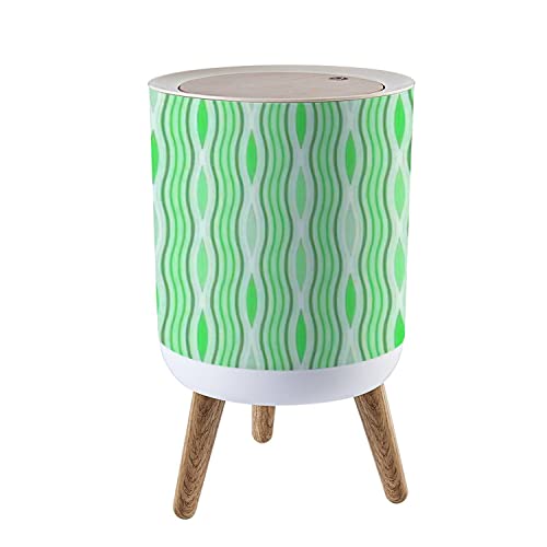 Small Trash Can with Lid Full Seamless Vertical Lines Texture Colorful Women Dress Fabric Print Waste Bin with Wood Legs Press Cover Wastebasket Round Garbage Bin for Kitchen Bathroom Bedroom Office