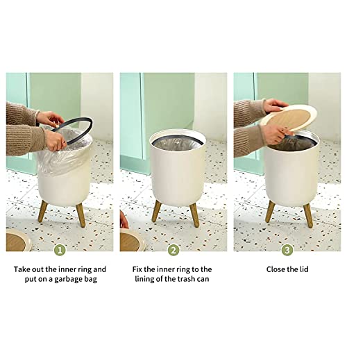 Small Trash Can with Lid Full Seamless Vertical Lines Texture Colorful Women Dress Fabric Print Waste Bin with Wood Legs Press Cover Wastebasket Round Garbage Bin for Kitchen Bathroom Bedroom Office