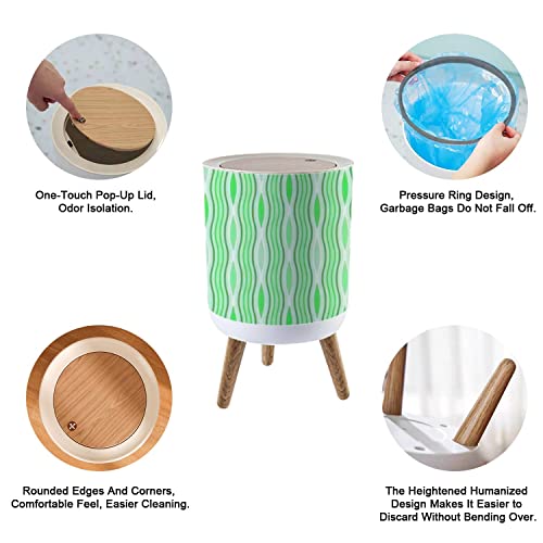 Small Trash Can with Lid Full Seamless Vertical Lines Texture Colorful Women Dress Fabric Print Waste Bin with Wood Legs Press Cover Wastebasket Round Garbage Bin for Kitchen Bathroom Bedroom Office