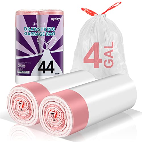 Small Trash Bags 2-4 Gallon Drawstring-Ryobyo 4 Gallon Trash Bag Extra Strong, Small Garbage Bags 4 Gallon Unscented, Stretchy, Quick Cinch for Bathroom Kitchen, White 44 Count