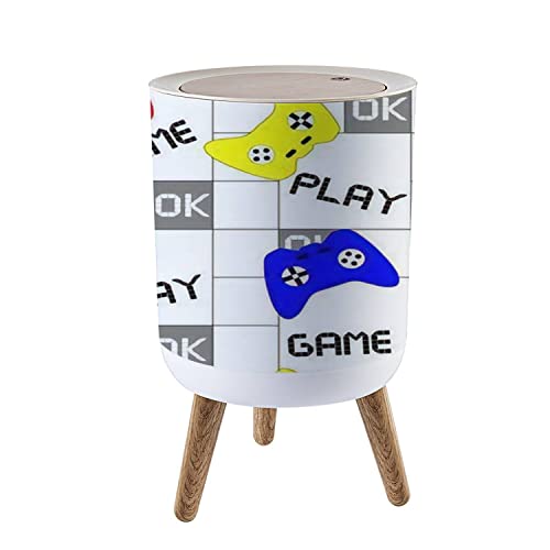 CAKOJV188 Round Trash Can with Press Lid Game Seamless for Boys with Game Joystick in Squares Small Garbage Can Trash Bin Dog-Proof Trash Can Wooden Legs Waste Bin Wastebasket 7L/1.8 Gallon