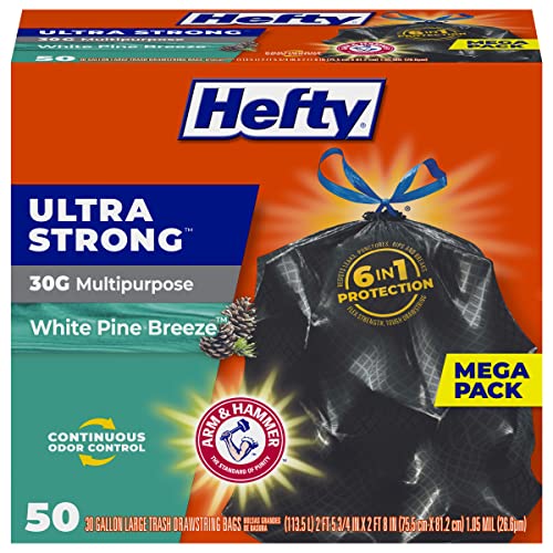 Hefty Ultra Strong Multipurpose Large Trash Bags, Black, White Pine Breeze Scent, 30 Gallon, 50 Count