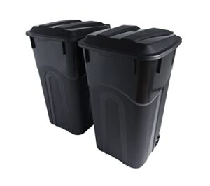 united solutions 32 gallon wheeled outdoor garbage can with attached snap lock lid and heavy-duty handles, black, heavy-duty construction, perfect backyard, deck, or garage trash can, 2 pack