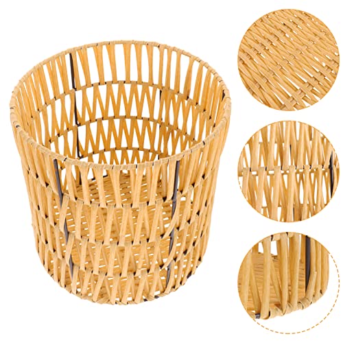 PRETYZOOM Natural Woven Basket Round Trash Basket Rattan Garbage Bin Waste Basket Organizer Trash Basket Toy Container Kitchen Decoration (Khaki)