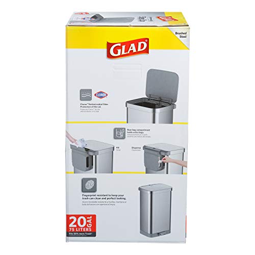 Glad Stainless Steel Step Trash Can with Clorox Odor Protection | Large Metal Kitchen Garbage Bin with Soft Close Lid, Foot Pedal and Waste Bag Roll Holder, 20 Gallon, All Stainless