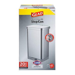 Glad Stainless Steel Step Trash Can with Clorox Odor Protection | Large Metal Kitchen Garbage Bin with Soft Close Lid, Foot Pedal and Waste Bag Roll Holder, 20 Gallon, All Stainless