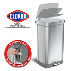 Glad Stainless Steel Step Trash Can with Clorox Odor Protection | Large Metal Kitchen Garbage Bin with Soft Close Lid, Foot Pedal and Waste Bag Roll Holder, 20 Gallon, All Stainless