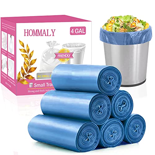 HOMMALY 4 Gallon Small Blue Trash Bags Strong Clear Garbage Bags, Bathroom Trash Can Bin Liners, Plastic Bags for Office, Waste Basket Liner（Blue）