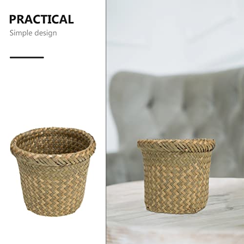 VOSAREA Vintage Waste Basket Natural Woven Waste Basket Rattan Laundry Hamper Flower Planter Pot for Rubbish Office Organizer