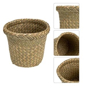 VOSAREA Vintage Waste Basket Natural Woven Waste Basket Rattan Laundry Hamper Flower Planter Pot for Rubbish Office Organizer