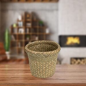 VOSAREA Vintage Waste Basket Natural Woven Waste Basket Rattan Laundry Hamper Flower Planter Pot for Rubbish Office Organizer