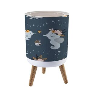 trash can with lid seamless childish with cute baby sea or ocean animals children wood small garbage bin waste bin for kitchen bathroom bedroom press cover wastebasket 7l/1.8 gallon