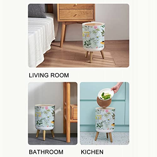 Small Trash Can with Lid Summer floral seamless with wild flowers on pastel blue Watercolor Garbage Bin Wood Waste Bin Press Cover Round Wastebasket for Bathroom Bedroom Diaper Office Kitchen