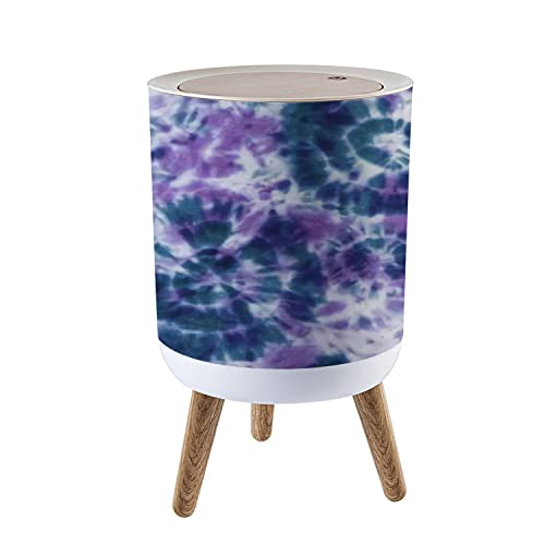 Small Trash Can with Lid Tie dye shibori seamless Watercolor hand painted purple indigo blue Garbage Bin Wood Waste Bin Press Cover Round Wastebasket for Bathroom Bedroom Diaper Office Kitchen