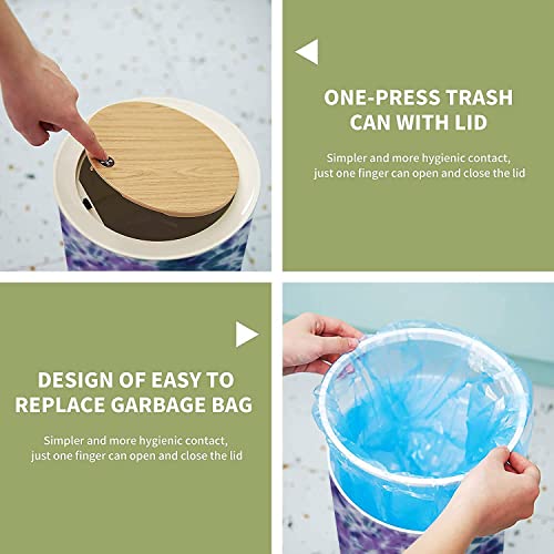 Small Trash Can with Lid Tie dye shibori seamless Watercolor hand painted purple indigo blue Garbage Bin Wood Waste Bin Press Cover Round Wastebasket for Bathroom Bedroom Diaper Office Kitchen