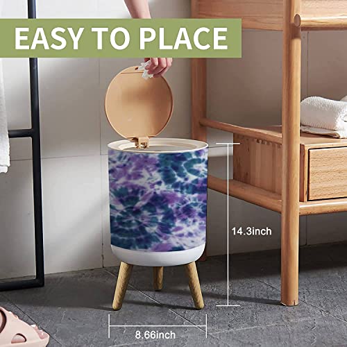 Small Trash Can with Lid Tie dye shibori seamless Watercolor hand painted purple indigo blue Garbage Bin Wood Waste Bin Press Cover Round Wastebasket for Bathroom Bedroom Diaper Office Kitchen