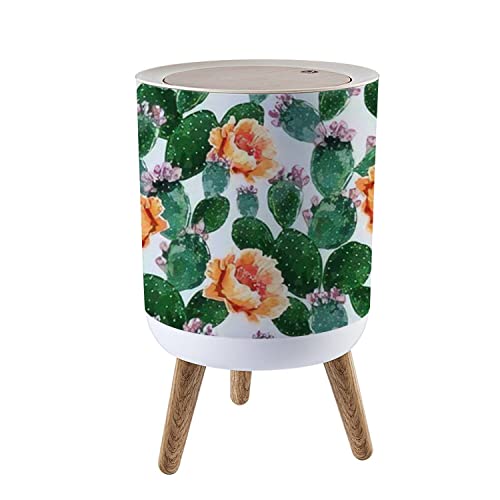 Small Trash Can with Lid Seamless floral summer tropical with blooming cactusessucculents Garbage Bin Wood Waste Bin Press Cover Round Wastebasket for Bathroom Bedroom Diaper Office Kitchen