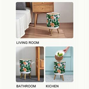 Small Trash Can with Lid Seamless floral summer tropical with blooming cactusessucculents Garbage Bin Wood Waste Bin Press Cover Round Wastebasket for Bathroom Bedroom Diaper Office Kitchen