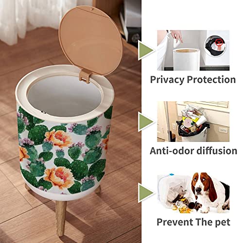 Small Trash Can with Lid Seamless floral summer tropical with blooming cactusessucculents Garbage Bin Wood Waste Bin Press Cover Round Wastebasket for Bathroom Bedroom Diaper Office Kitchen