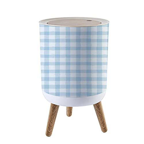 Small Trash Can with Lid Blue Gingham seamless watercolor stripes tartan texture for spring Garbage Bin Wood Waste Bin Press Cover Round Wastebasket for Bathroom Bedroom Diaper Office Kitchen