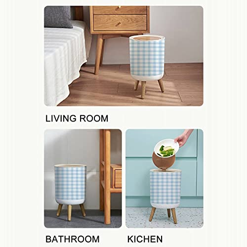 Small Trash Can with Lid Blue Gingham seamless watercolor stripes tartan texture for spring Garbage Bin Wood Waste Bin Press Cover Round Wastebasket for Bathroom Bedroom Diaper Office Kitchen