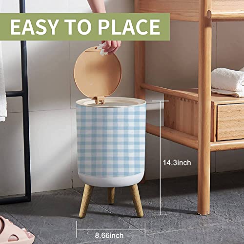 Small Trash Can with Lid Blue Gingham seamless watercolor stripes tartan texture for spring Garbage Bin Wood Waste Bin Press Cover Round Wastebasket for Bathroom Bedroom Diaper Office Kitchen