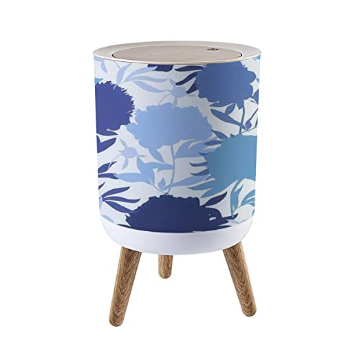 Small Trash Can with Lid Blossom floral seamless Silhouette peony in pastel colors with leaves Garbage Bin Wood Waste Bin Press Cover Round Wastebasket for Bathroom Bedroom Diaper Office Kitchen