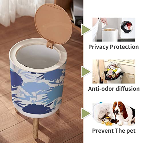 Small Trash Can with Lid Blossom floral seamless Silhouette peony in pastel colors with leaves Garbage Bin Wood Waste Bin Press Cover Round Wastebasket for Bathroom Bedroom Diaper Office Kitchen