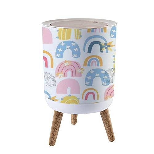 Small Trash Can with Lid Seamless with colorful rainbows Childish trendy print hand drawn Garbage Bin Wood Waste Bin Press Cover Round Wastebasket for Bathroom Bedroom Diaper Office Kitchen