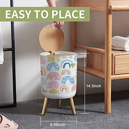 Small Trash Can with Lid Seamless with colorful rainbows Childish trendy print hand drawn Garbage Bin Wood Waste Bin Press Cover Round Wastebasket for Bathroom Bedroom Diaper Office Kitchen