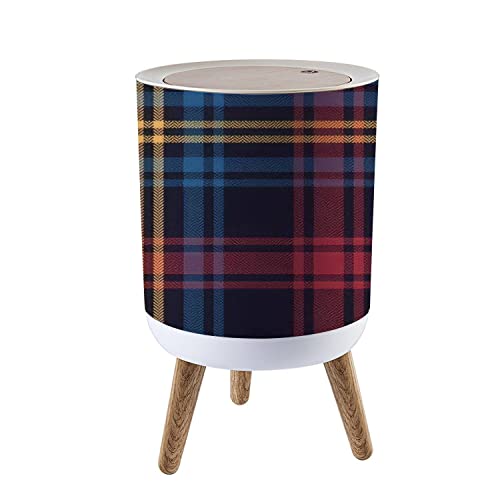 Small Trash Can with Lid Tartan plaid seamless Multicolored dark check plaid in blue red and Garbage Bin Wood Waste Bin Press Cover Round Wastebasket for Bathroom Bedroom Diaper Office Kitchen