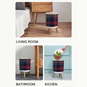 Small Trash Can with Lid Tartan plaid seamless Multicolored dark check plaid in blue red and Garbage Bin Wood Waste Bin Press Cover Round Wastebasket for Bathroom Bedroom Diaper Office Kitchen