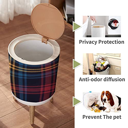 Small Trash Can with Lid Tartan plaid seamless Multicolored dark check plaid in blue red and Garbage Bin Wood Waste Bin Press Cover Round Wastebasket for Bathroom Bedroom Diaper Office Kitchen