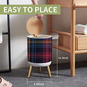 Small Trash Can with Lid Tartan plaid seamless Multicolored dark check plaid in blue red and Garbage Bin Wood Waste Bin Press Cover Round Wastebasket for Bathroom Bedroom Diaper Office Kitchen