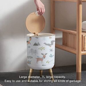 Trash Can with Lid Kids Children or Infants Seamless Repeat Winter Forrest Animal Theme Press Cover Small Garbage Bin Round with Wooden Legs Waste Basket for Bathroom Kitchen Bedroom 7L/1.8 Gallon